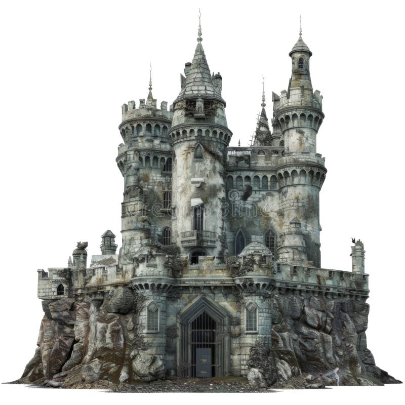 A Crumbling Stone Castle on a Rocky Cliff with an Iron Gate Stock ...