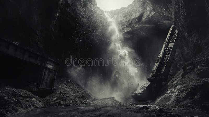 Crumbling Structure and Waterfall in a Dark Canyon Stock Photo - Image ...