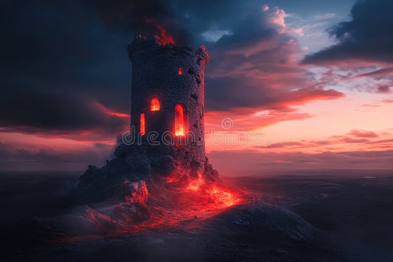 A Crumbling Tower Glowing with Flickering Red Light Stock Illustration ...