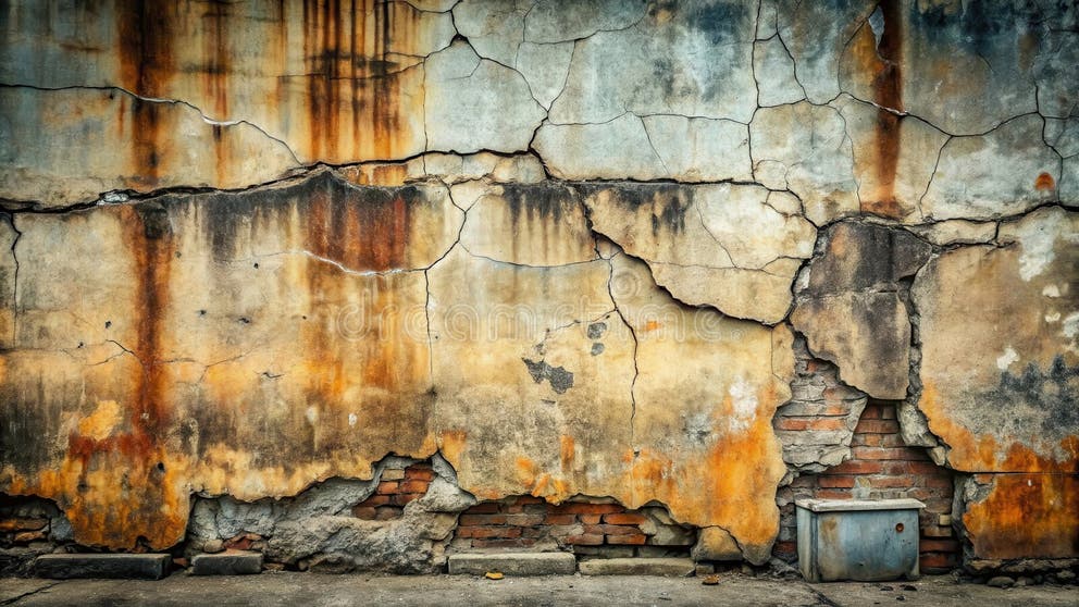 A Crumbling Wall of Aged Plaster, Showing Extensive Cracking and Rust ...