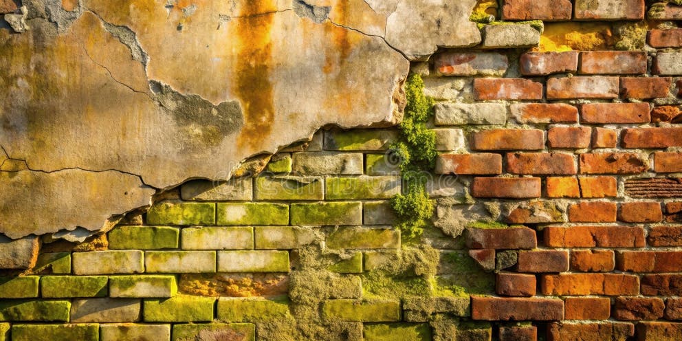 A Crumbling Wall with Exposed Brick and Aged Plaster, Showing Textures ...