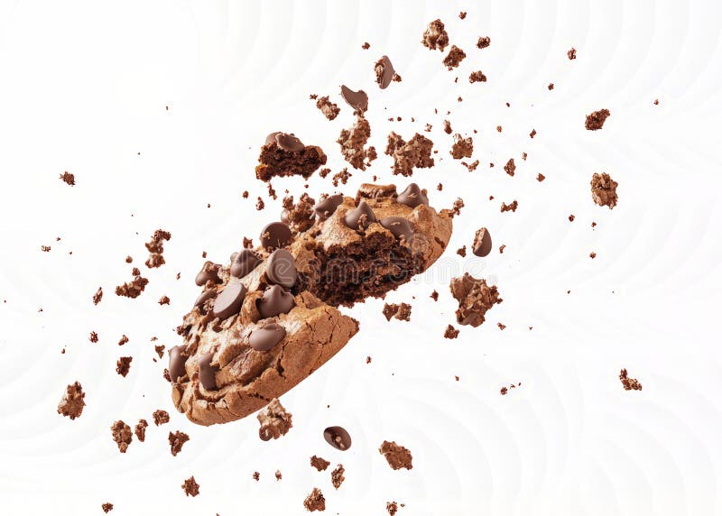 Crumbly Chocolate Chip Cookie Breaking, Small Crumbs Flying, White ...