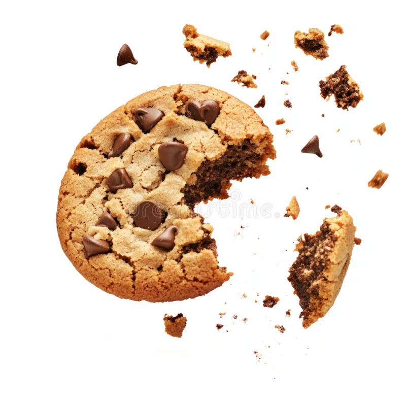 Crumbly Chocolate Chip Cookie Breaking, Small Crumbs Flying, White ...