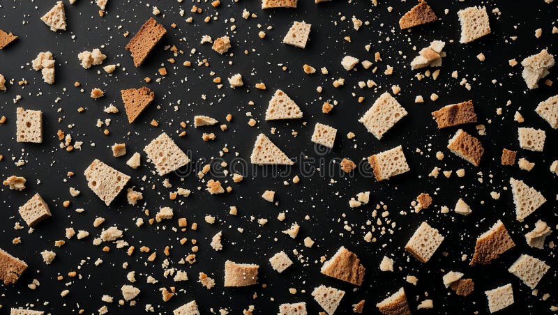 Crumbs and Bread Pieces Scattered on Dark Background Creating Food ...