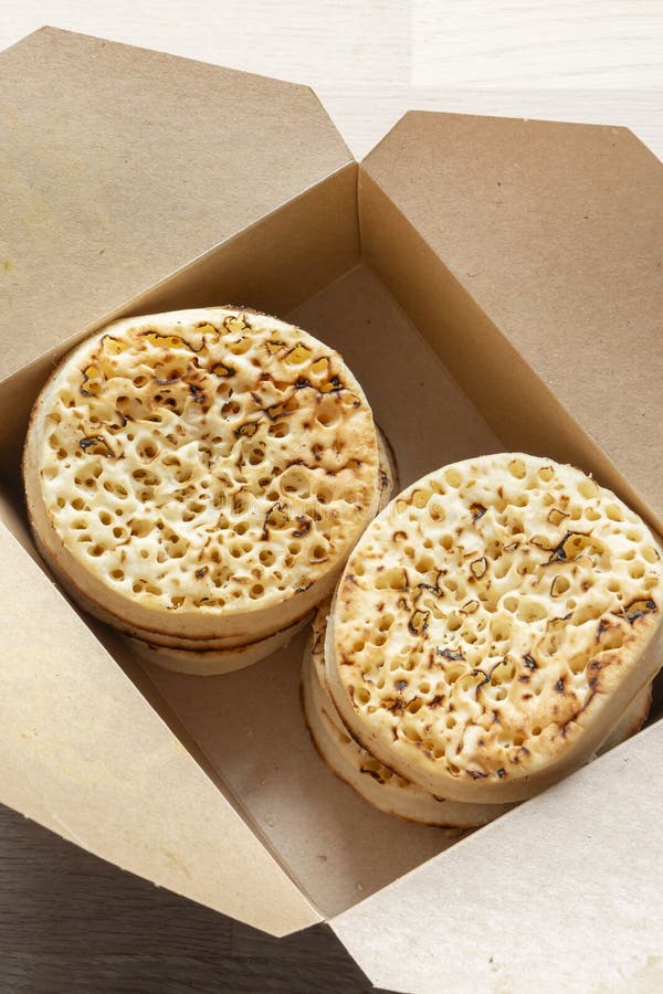 Crumpets in a Cardboard Tray, Fresh from a Bakery. Biodegradable Eco ...