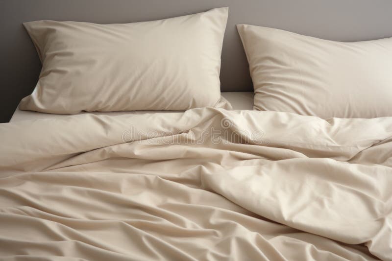 Crumpled Beige Bed Linen with Pillows and Blankets Stock Illustration ...