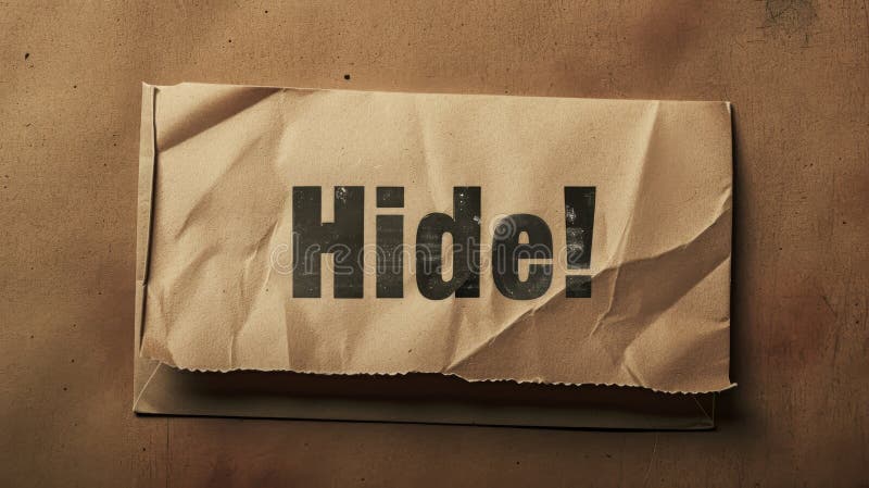 Crumpled Brown Paper with "Hide!" Text on Rustic Surface Stock Image ...
