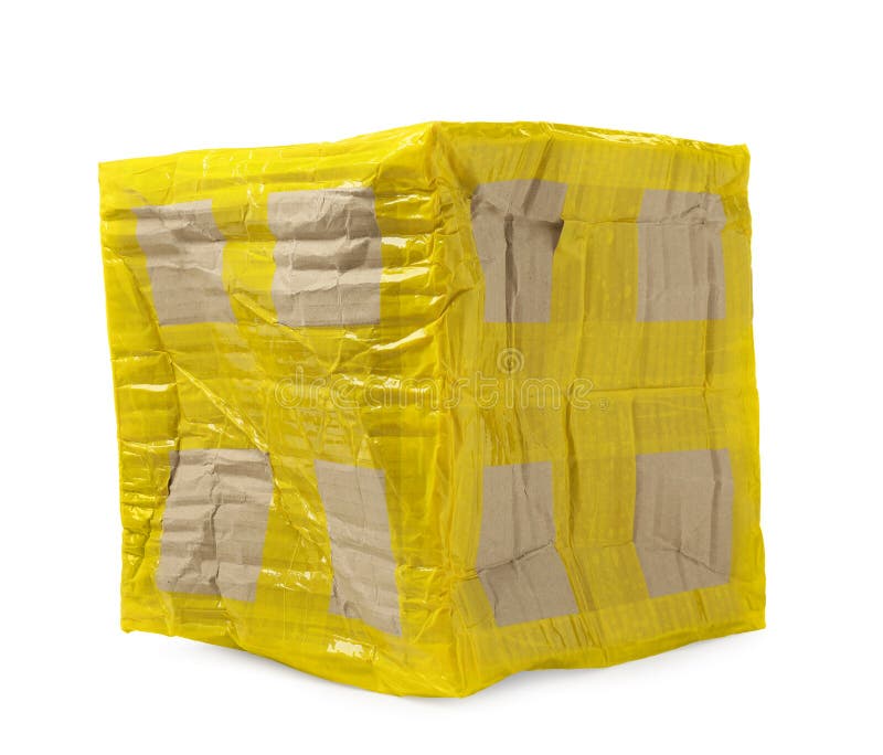 Crumpled Cardboard Parcel Box with Yellow Sticky Tape on White ...