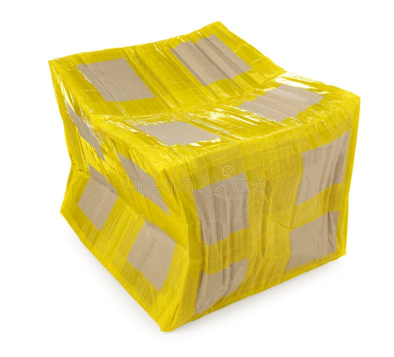 Crumpled Cardboard Parcel Box with Yellow Sticky Tape on White ...