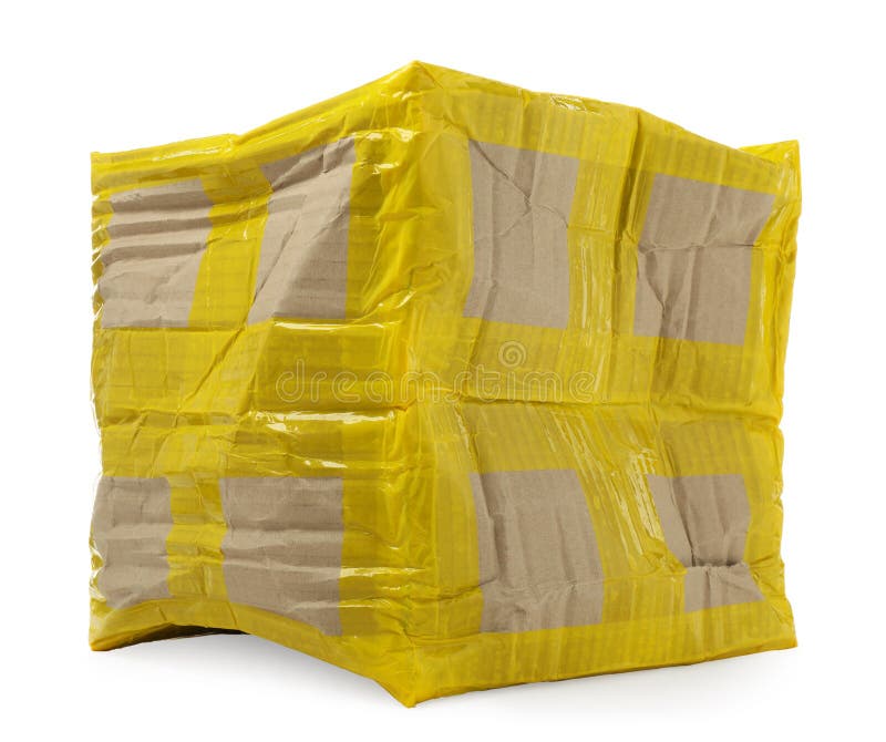 Crumpled Cardboard Parcel Box with Yellow Sticky Tape on White ...