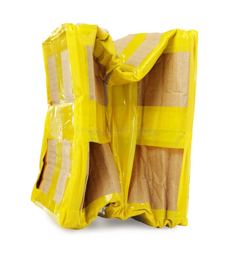 Crumpled Cardboard Parcel Box with Yellow Sticky Tape on White ...