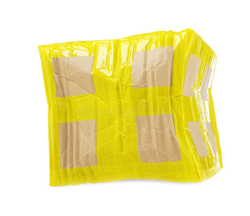 Crumpled Cardboard Parcel Box with Yellow Sticky Tape on White ...