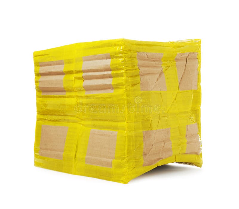 Crumpled Cardboard Parcel Box with Yellow Sticky Tape on White ...