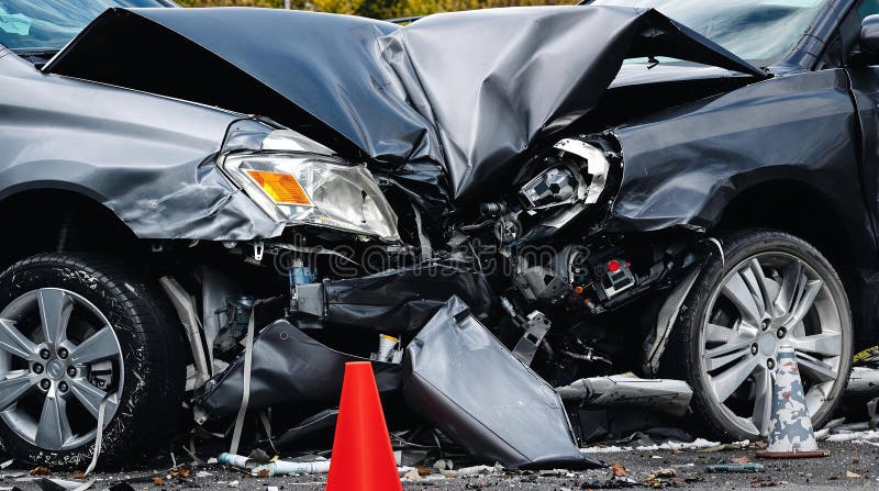 Crumpled Cars in Severe Collision with Orange Cone in Foreground Stock ...
