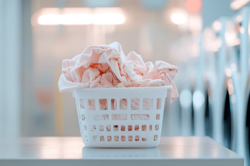 Crumpled Clothes Fill a Plastic Laundry Basket Left on a Table in an ...