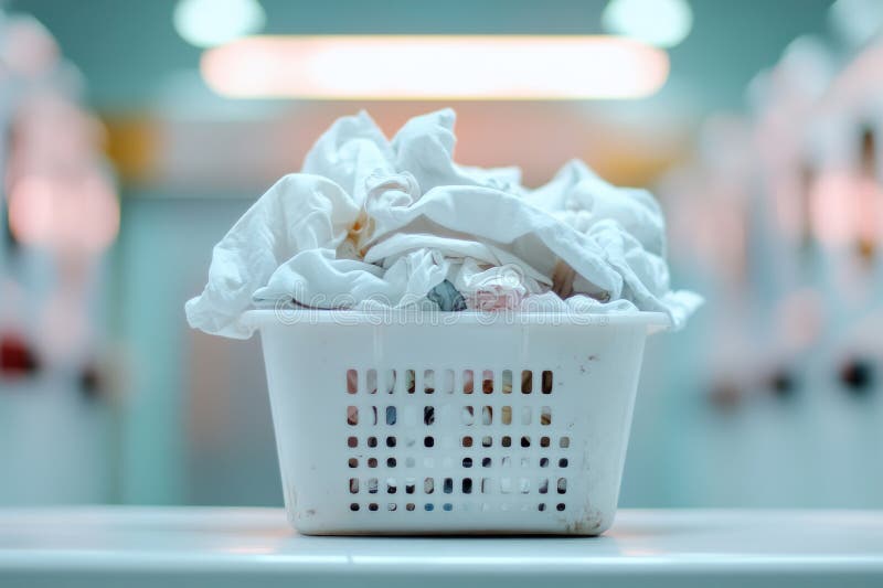 Crumpled Clothes Spill from a Worn Plastic Laundry Basket Left on a ...