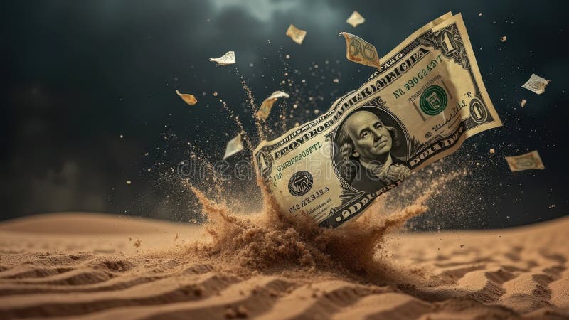 Crumpled Dollar Bills Exploding from Sand in Dramatic Display of Wealth ...