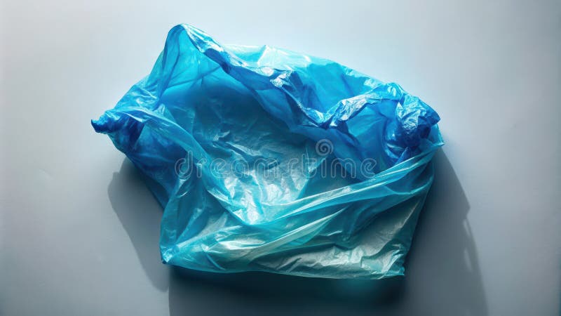 A Crumpled Light Blue Plastic Shopping Bag Rests on a Pale Blue Surface ...