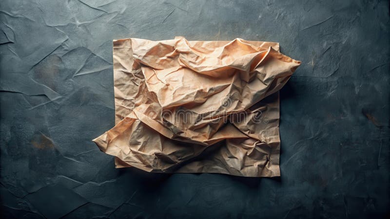 A Crumpled Light Brown Paper Square Rests on a Dark Textured Surface ...