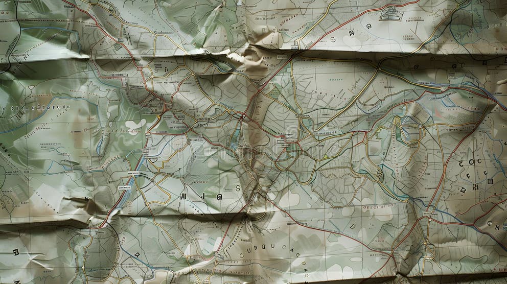 A Crumpled Map Displaying Roads, Rivers, and Terrains for Navigation ...