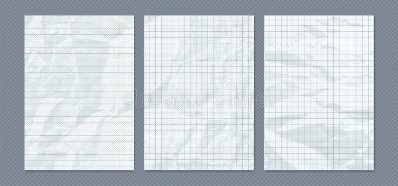 Crumpled Notebook Paper Sheets Set. Vector Realistic Illustration of ...