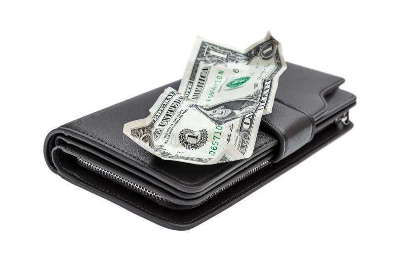 Crumpled One Dollar Bill on Black Purse. Isolated on White Stock Image ...