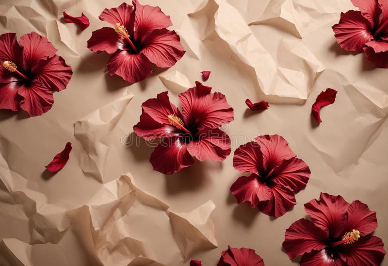Crumpled Paper Background with Scattered Red Flower Petals Stock ...