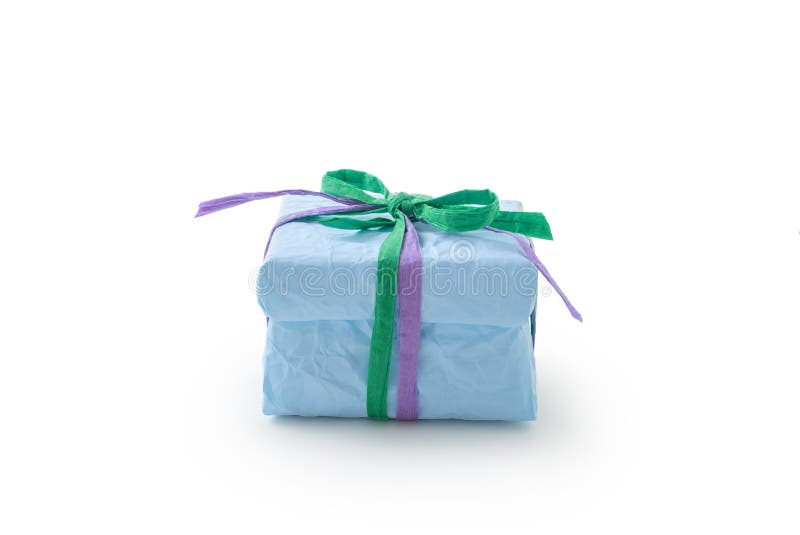 Crumpled Paper Blue Present Box with Recycled Paper Ribbon Isolated on ...