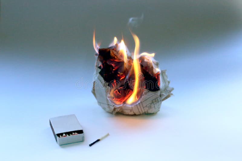 Crumpled Paper Burning in Fire and Matchbox. Stock Photo - Image of ...