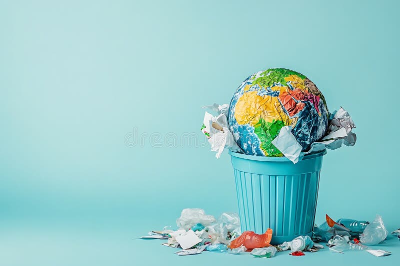Globe Inside Bin Full of Crumpled Papers & Plastics with Soft Blue ...
