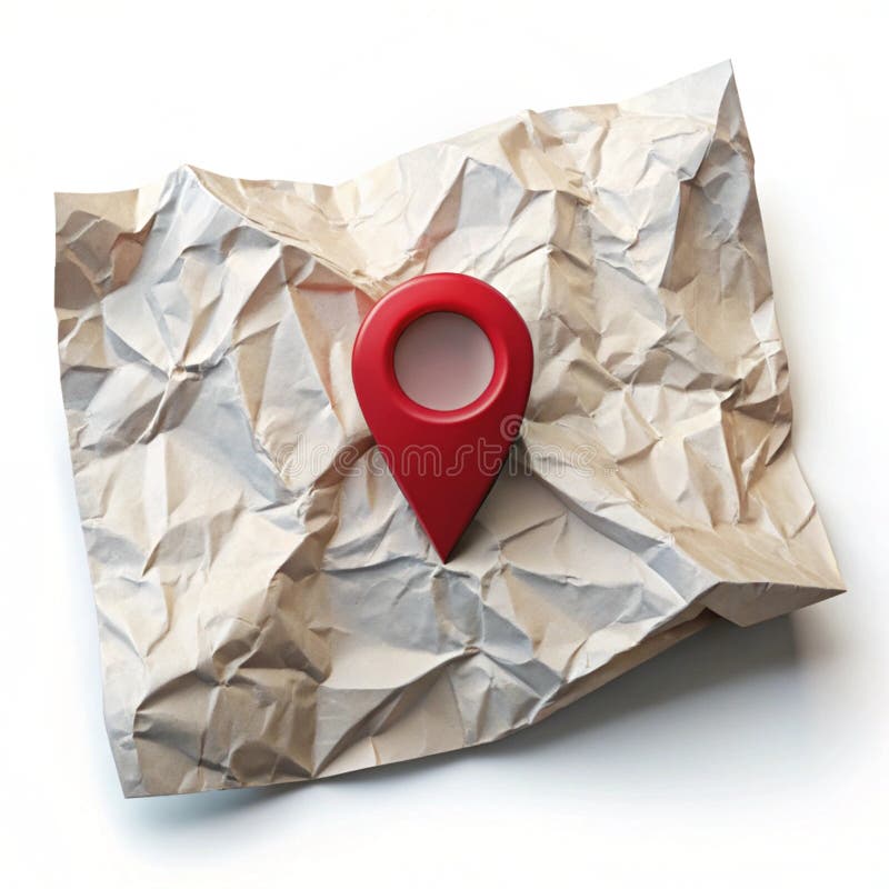 Crumpled Paper Map with Location Pin GPS Pointer Icon on White ...