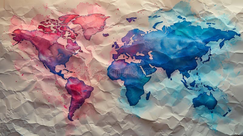 Crumpled Paper with a Pink and Blue Watercolor World Map Stock Photo ...