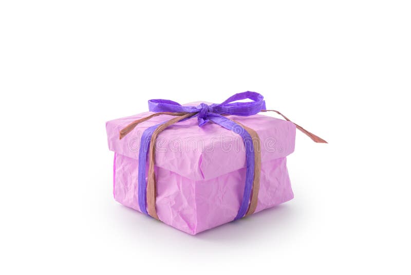 Crumpled Paper Pink Present Box with Recycled Paper Ribbon Isolated on ...