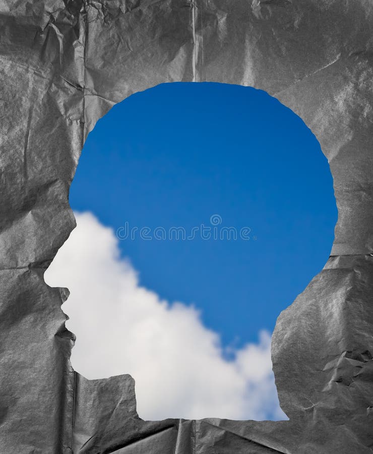 Crumpled Paper Shaped As a Human Head. Cloudy Sky Inside the Head Stock ...