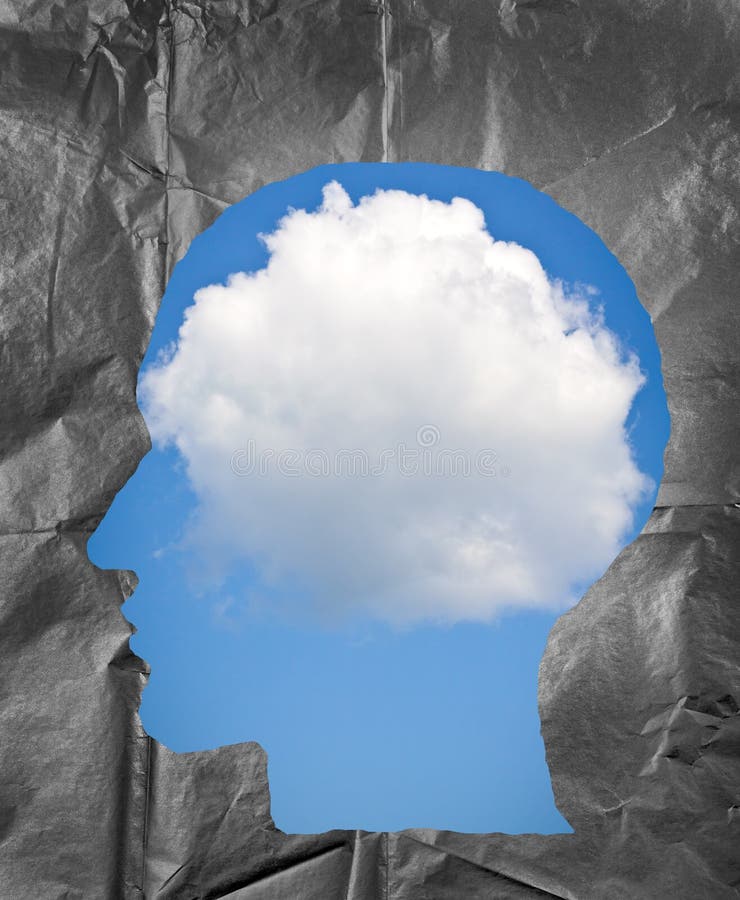 Crumpled Paper Shaped As a Human Head. Cloudy Sky Inside the Head Stock ...