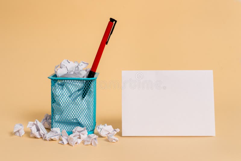 Crumpled Paper and Stationary in Trash Can. Note Sheet with Writing ...