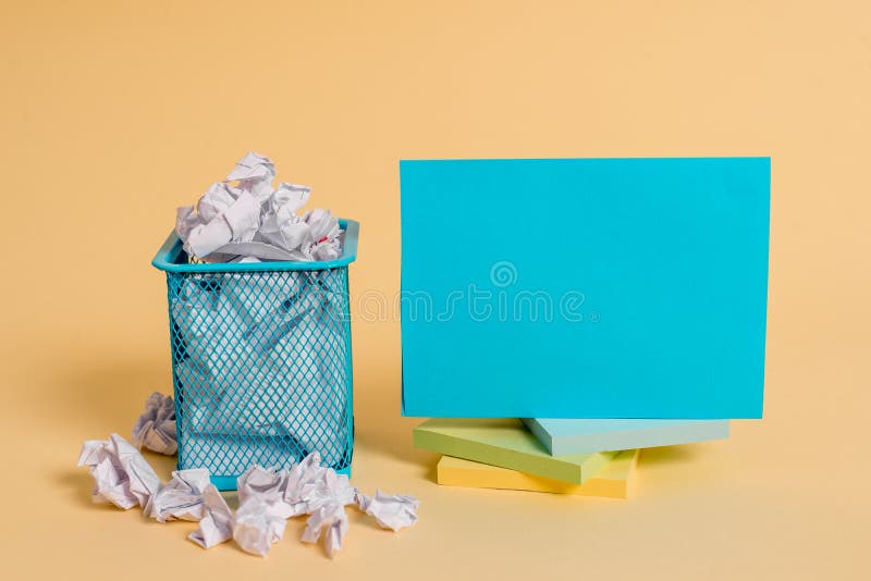 Crumpled Paper and Stationary in Trash Can. Note Sheet with Writing ...