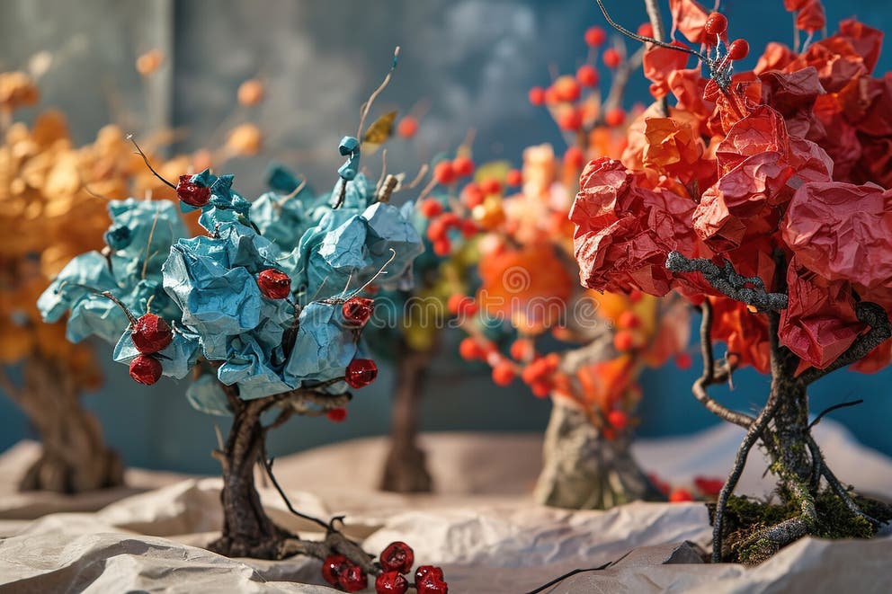 Crumpled Paper Trees with Berries. Generative AI Stock Illustration ...