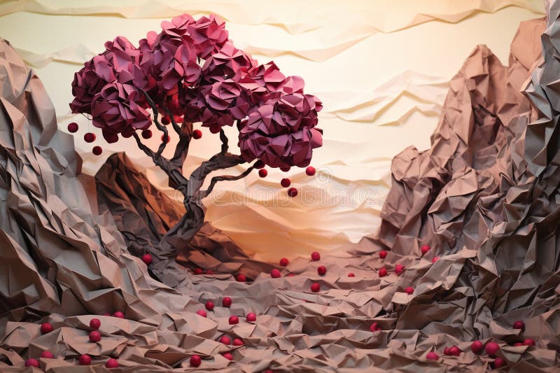 Crumpled Paper Trees with Berries. Generative AI Stock Illustration ...