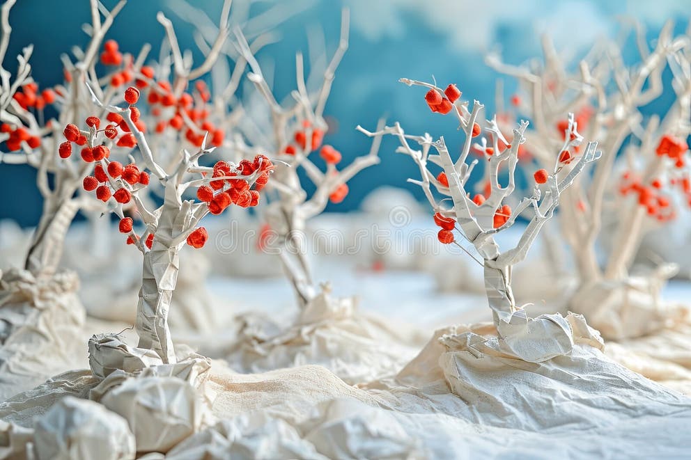 Crumpled Paper Trees with Berries. Generative AI Stock Illustration ...
