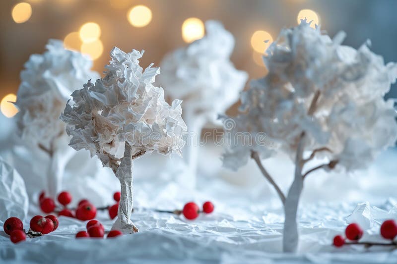 Crumpled Paper Trees with Berries. Generative AI Stock Illustration ...