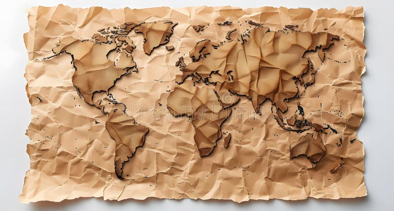 Crumpled Paper World Map, Artifact with Art Drawn on Rectangle Stock ...