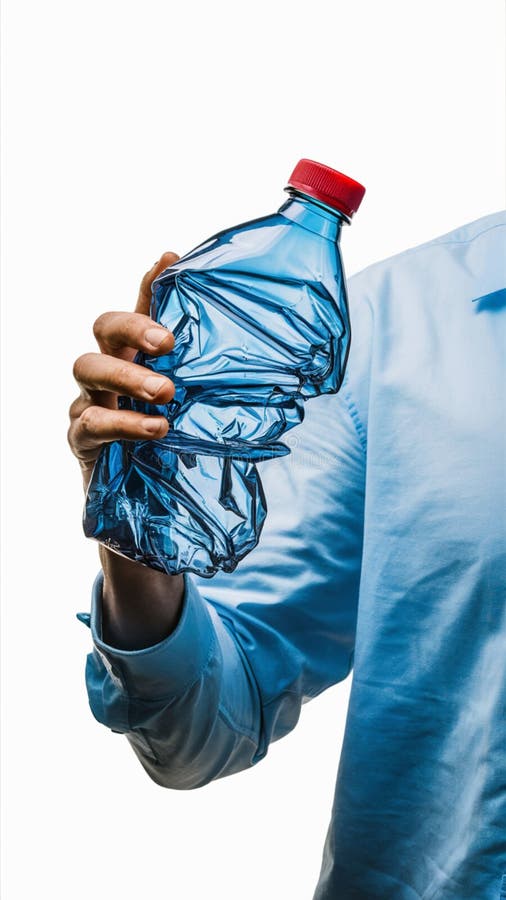 Crumpled Plastic Bottle with Red Cap Held Against Plain White ...