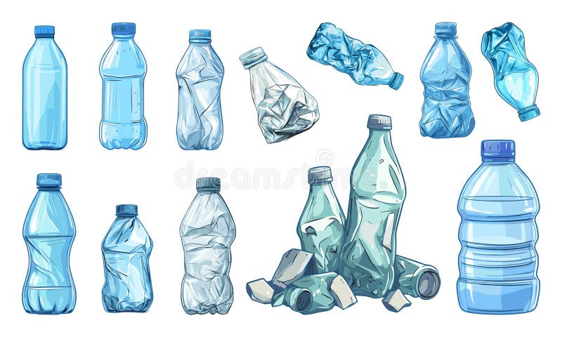 Crumpled Plastic Empty Bottles Set. Drinking Water Bottle Big and Small ...