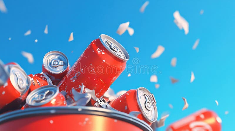 Crumpled Red Cans and Bottles are Collected in Bin Against Bright Sky ...