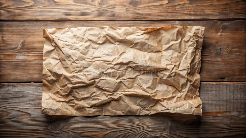 A Crumpled Sheet of Brown Paper Rests on a Rustic Wooden Surface ...