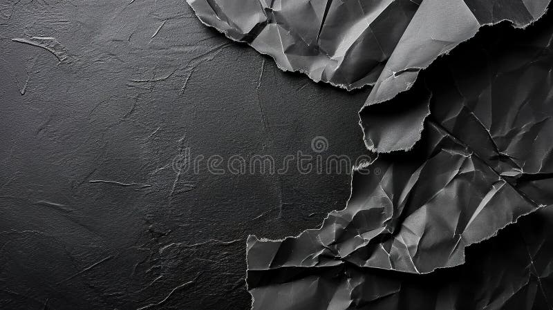 Crumpled and Torn Black Paper Remains on a Rough Black Surface, Leaving ...