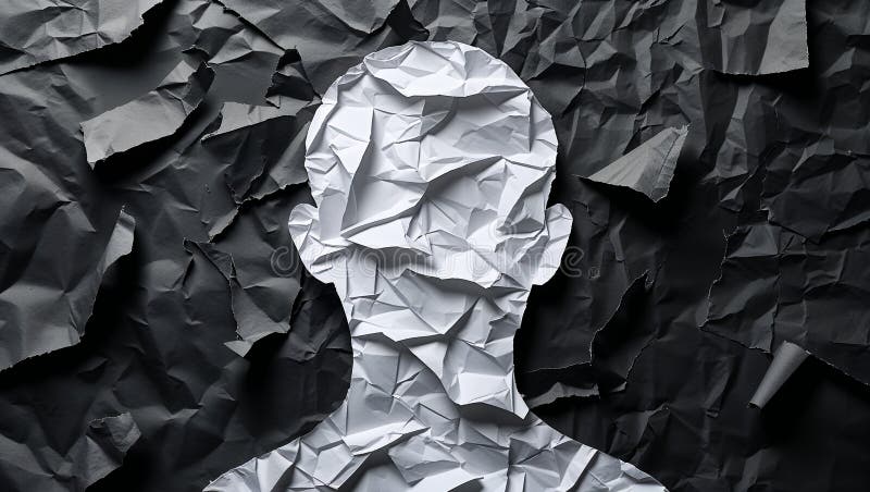 Crumpled White Paper Face Emerging from Dark Background Stock ...