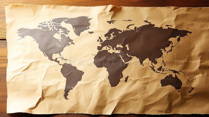 Crumpled World Map on Wood; Travel Planning Stock Image - Image of ...