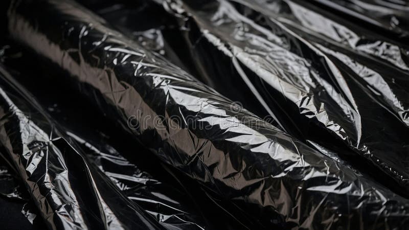 Crumpled and Wrinkled Shiny Black Plastic Sheets Reflect Light in an ...